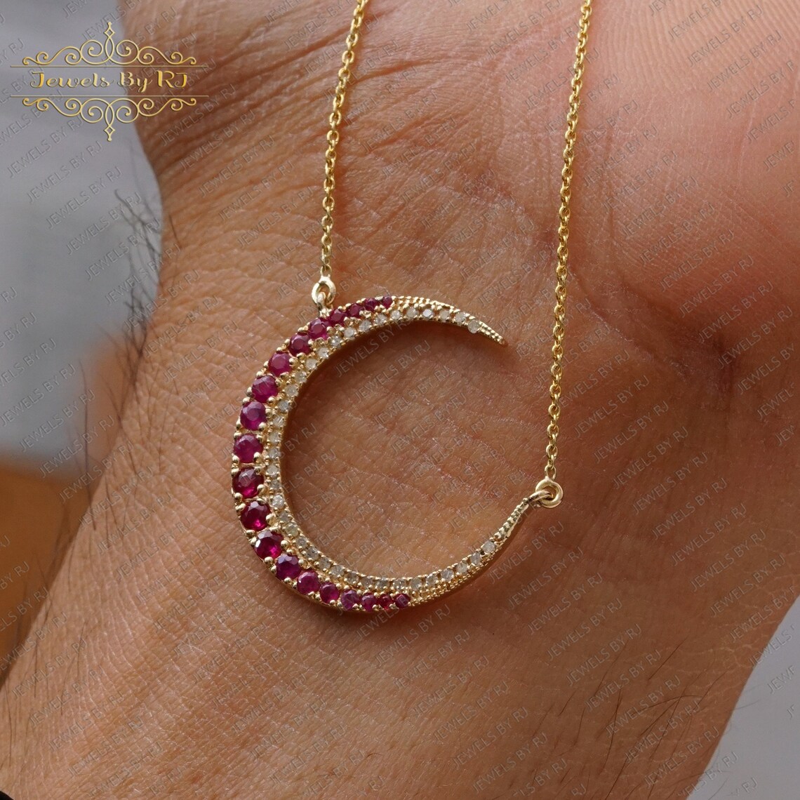 14K Solid Gold Diamond & Ruby and Emerald Crescent Moon - Etsy