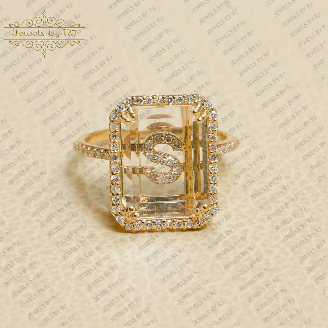 14K Gold Diamond Initial Ring, 14K Solid Yellow Gold White Diamond S ...