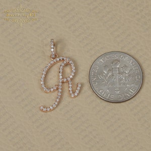 14K Solid Gold Diamond R Initial Pendant, White Diamond R Initial ...