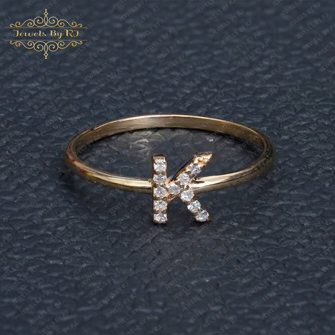 14K Gold Diamond K Initial Ring, 14K Solid Gold White Diamond A to Z ...