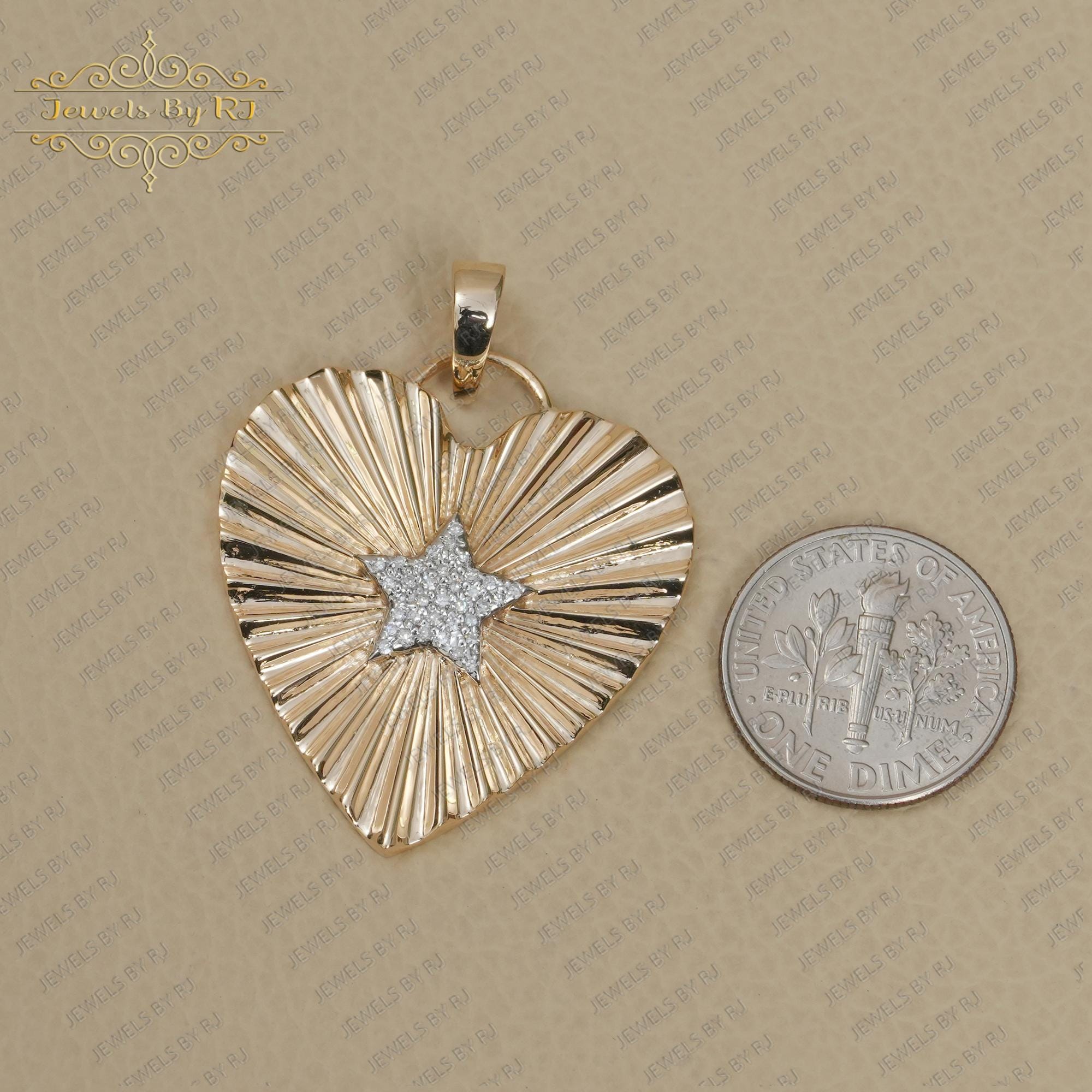 14K Solid Gold Radiant Heart Pendant With Diamond Star | Sunburst Heart ...