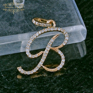 14K Solid Gold White Diamond B Initial, Pave Diamond Gold Pendant, Custom Name Initial Pendant ...