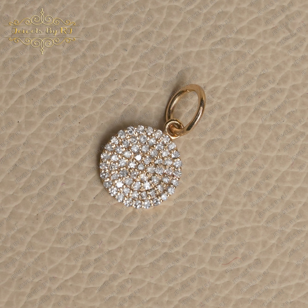 14K Solid Pave Diamond Disc Pendant, 14K Solid Gold Diamond Disc Charm ...