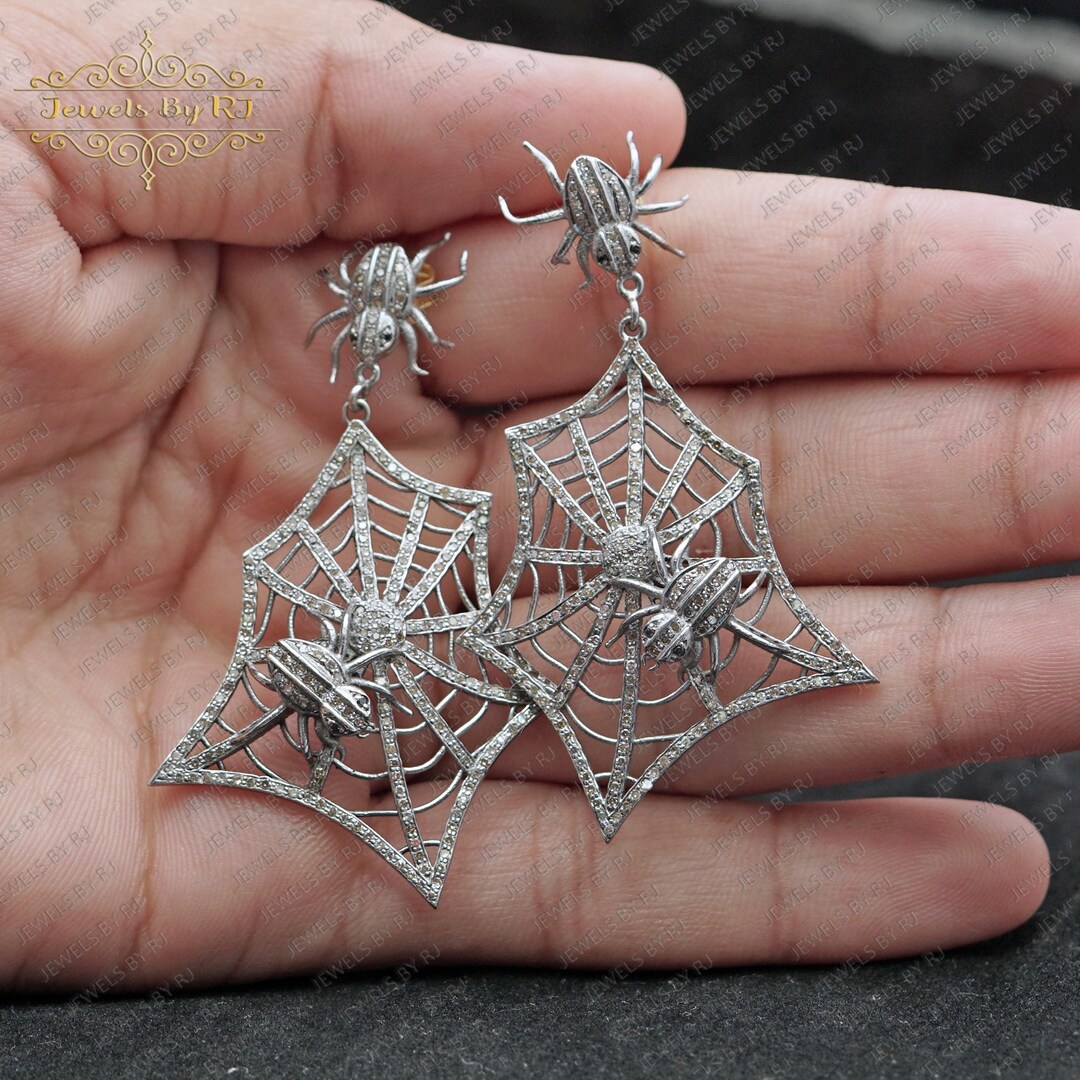 Pave Diamond Spider Web Silver Earring, Pave Diamond Earring, Silver ...