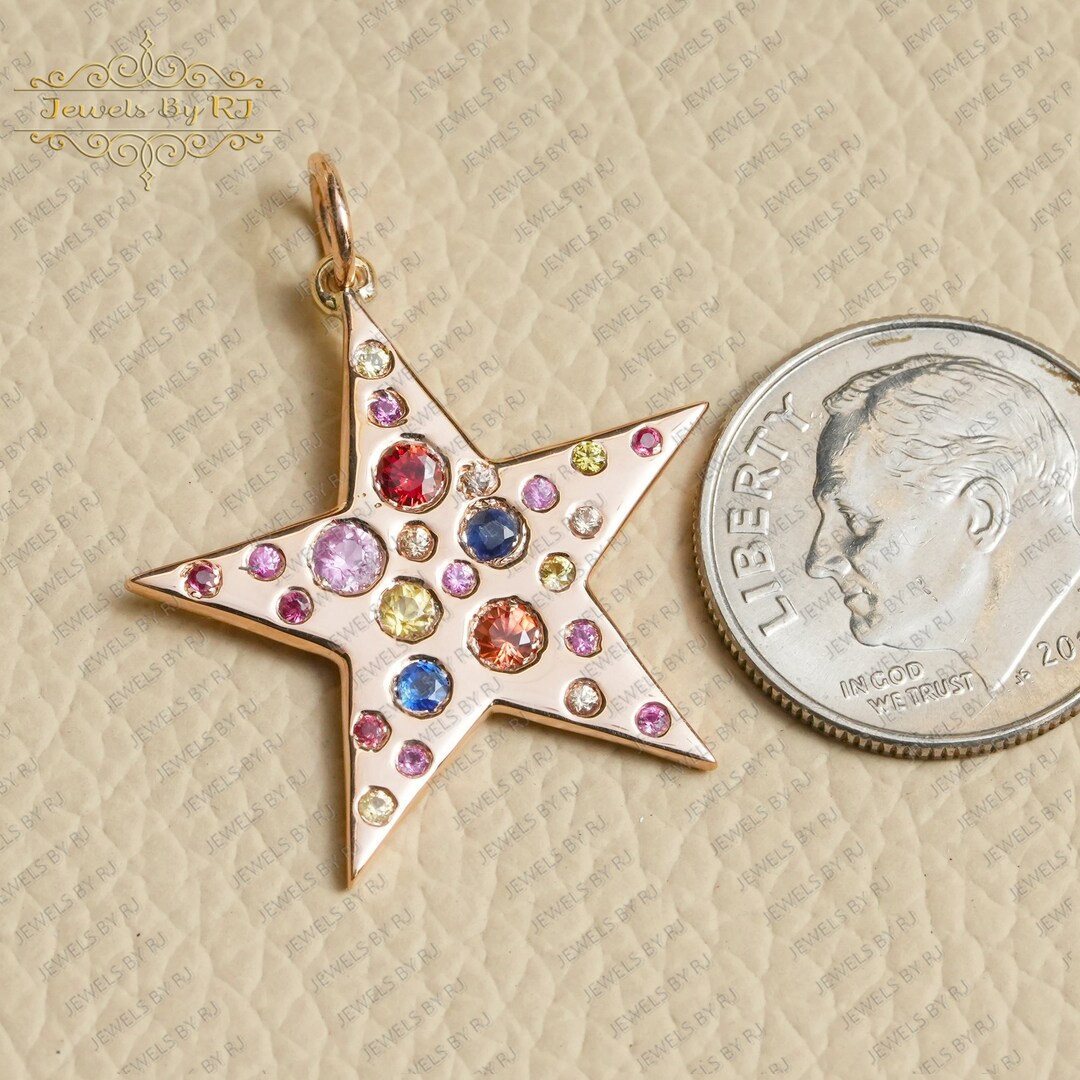 14K Gold Multi Sapphire Star Pendant, Star Gold Pendant, Multi Sapphire ...