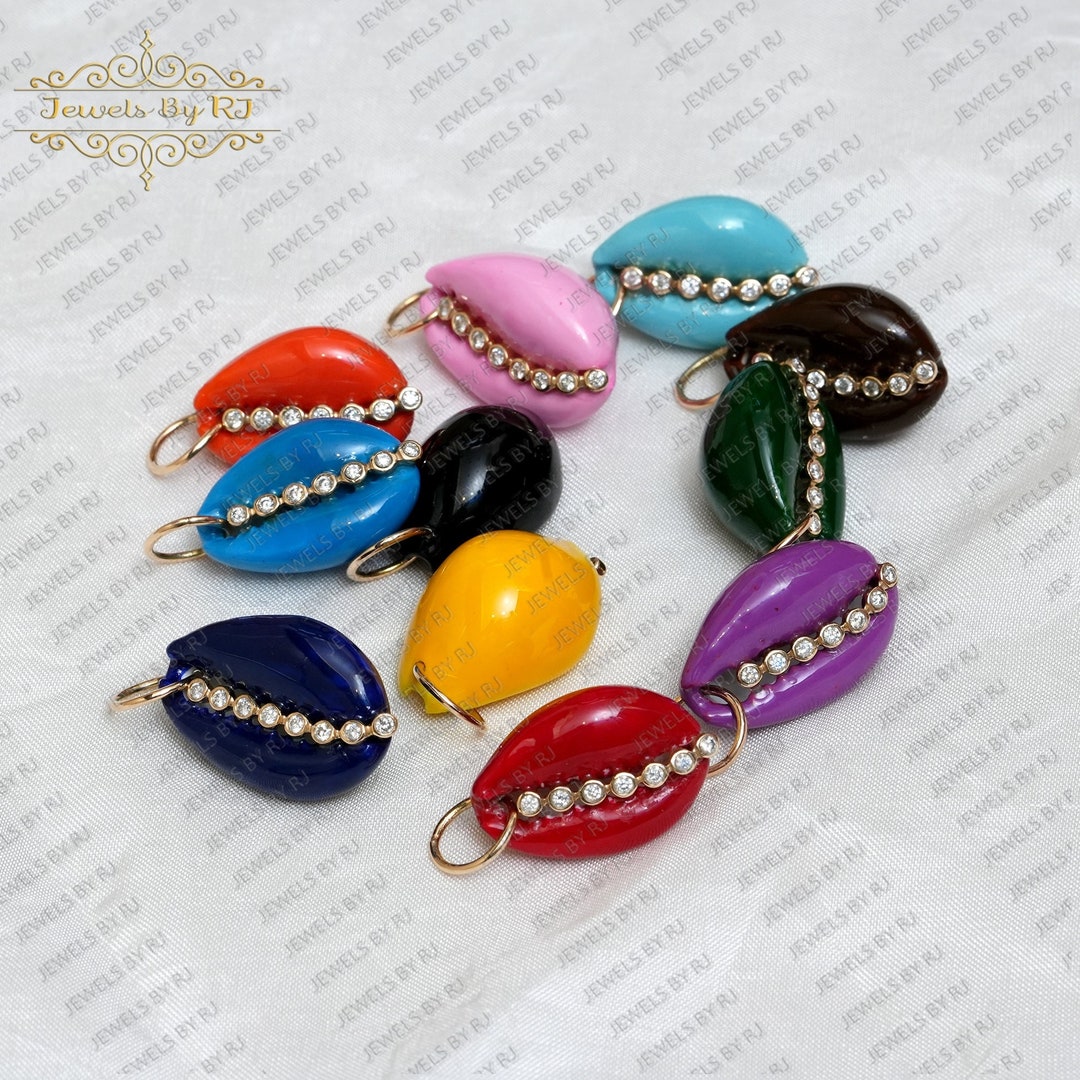 14K Gold Double Cut Diamond Shell Pendant, Multi Color Enemal Diamond ...