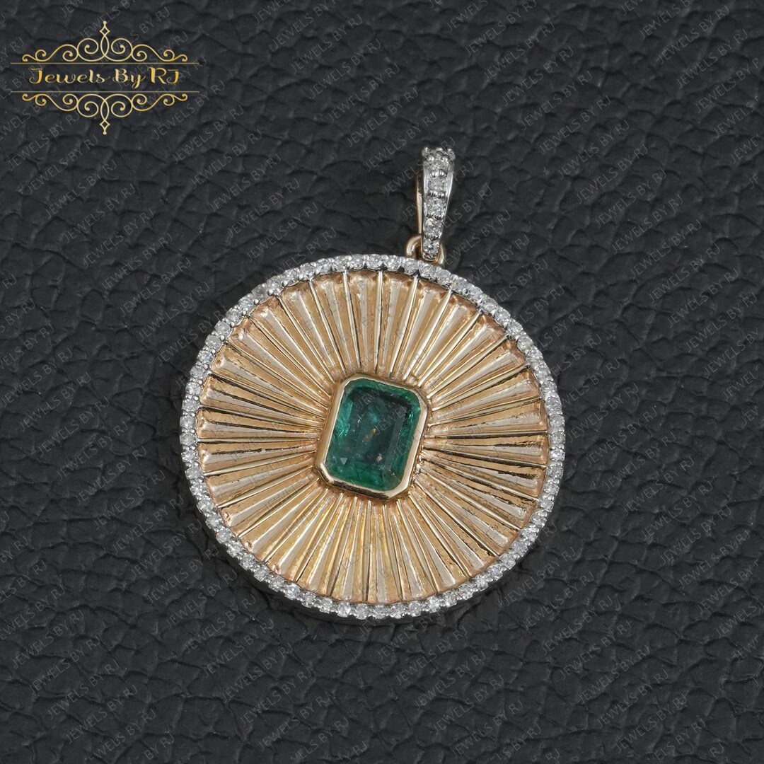14K Solid Gold Round Emerald & Diamond Pendant, White Diamond Round ...