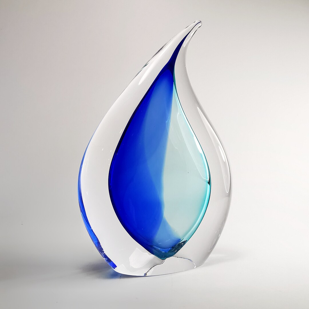 Handmade Blown Glass Sculpture - Flat Drop Shape - Height 6.6“ - Blue ...