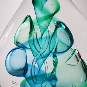 Handmade Blown Glass Flat Drop Shape Sculpture - 6.3 Inch - Aqua Blue ...