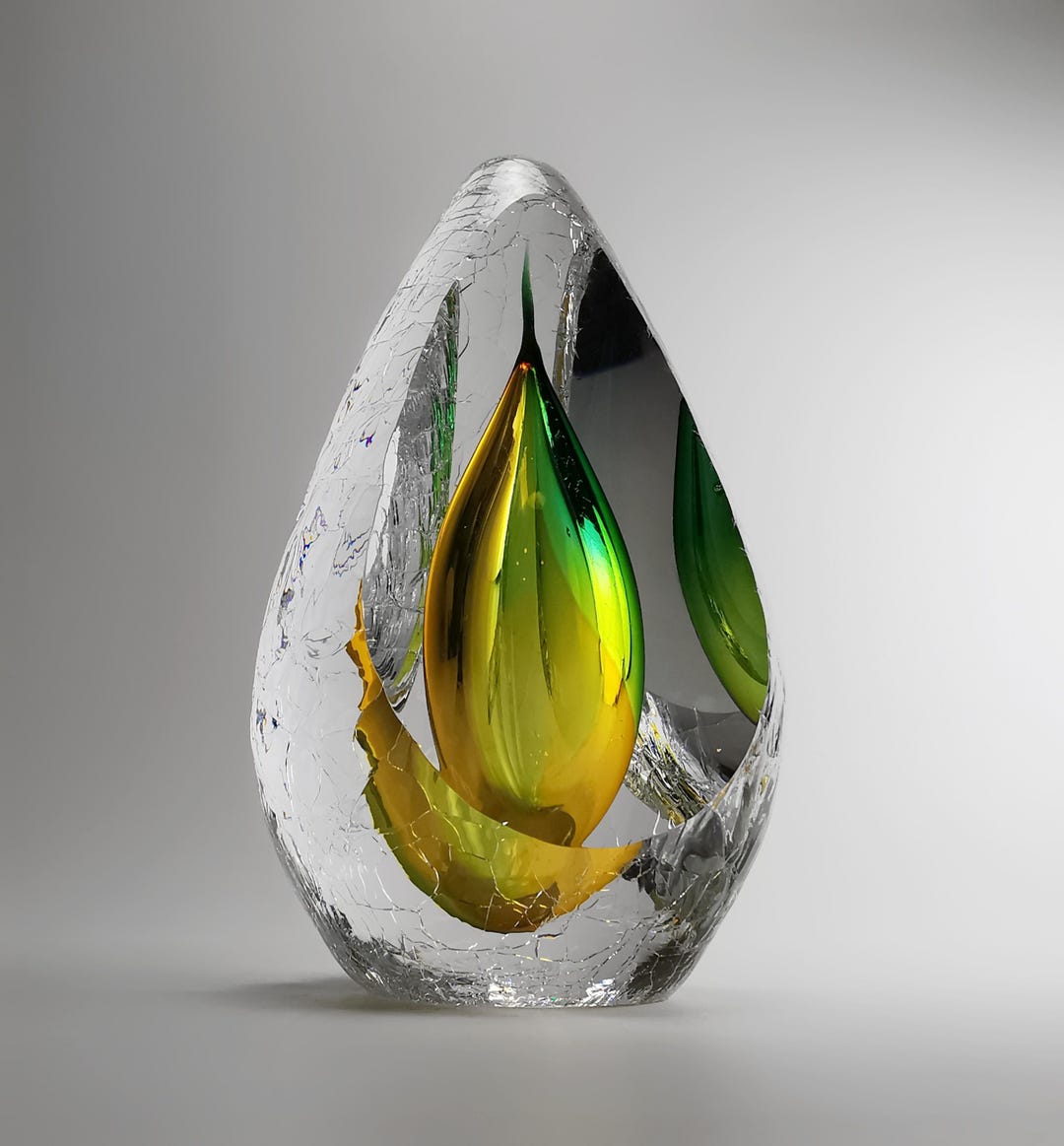 Handmade Blown Glass Drop Sculpture - Yellow Art - Crackle Design ...