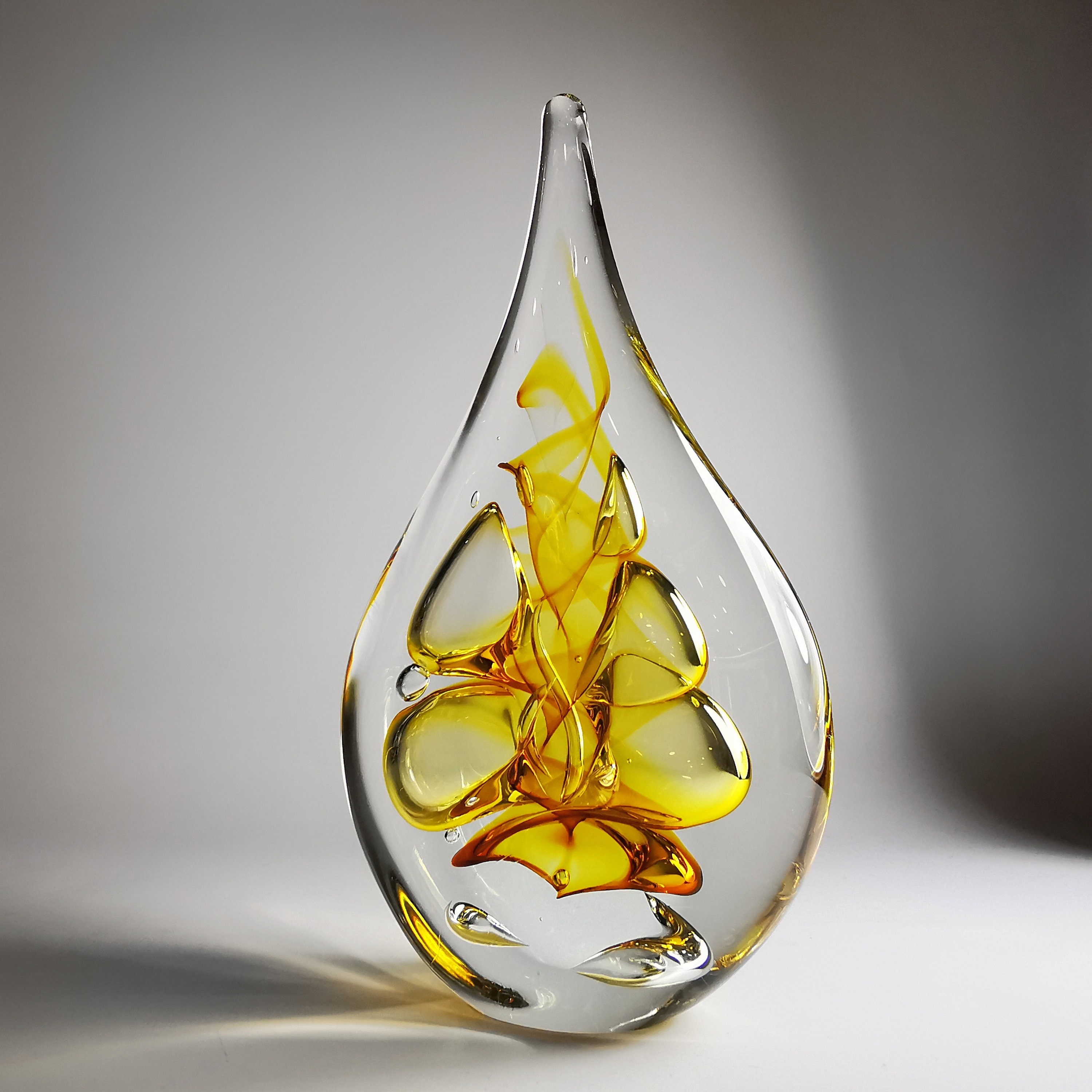 Handmade Blown Glass Flat Drop Sculpture - Yellow Floral Motif - Home ...