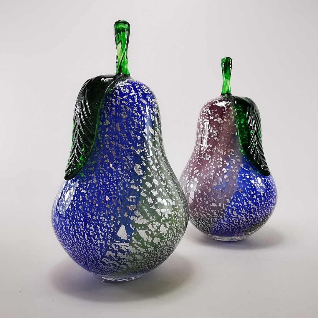 Handmade Blown Glass Pear Sculpture: Swedish Crystal With Silver Decor ...