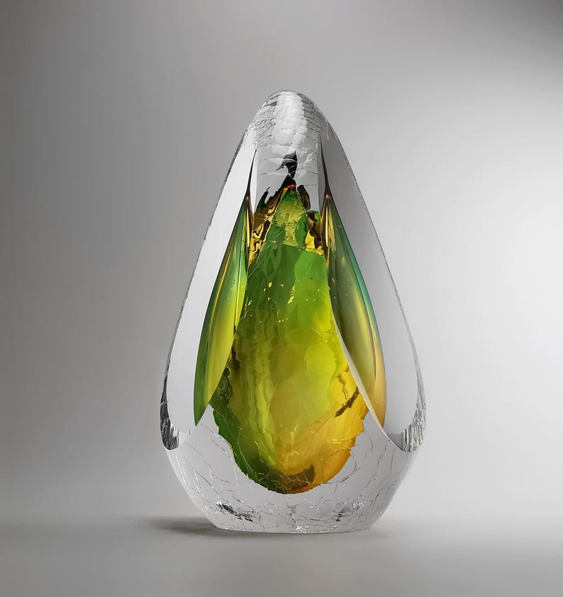 Handmade Blown Glass Drop Sculpture - Yellow Art - Crackle Design ...