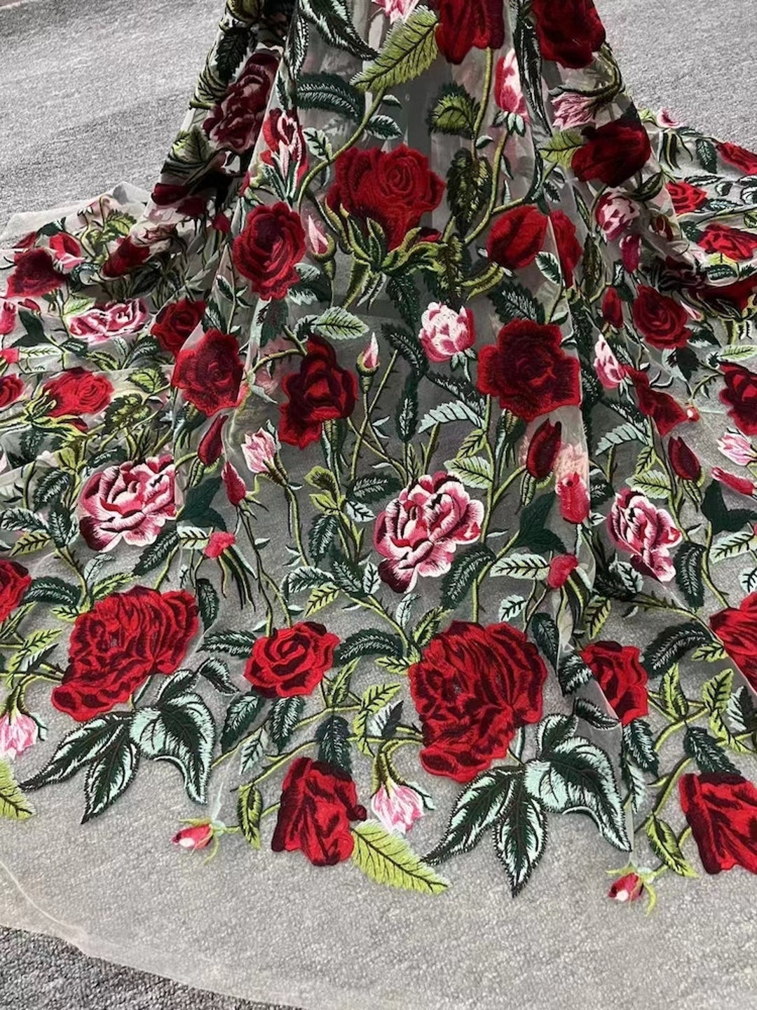 1 Yard Heavy Embroidery Lace Fabric Red Rose Bridal Lace Fabric Tulle ...