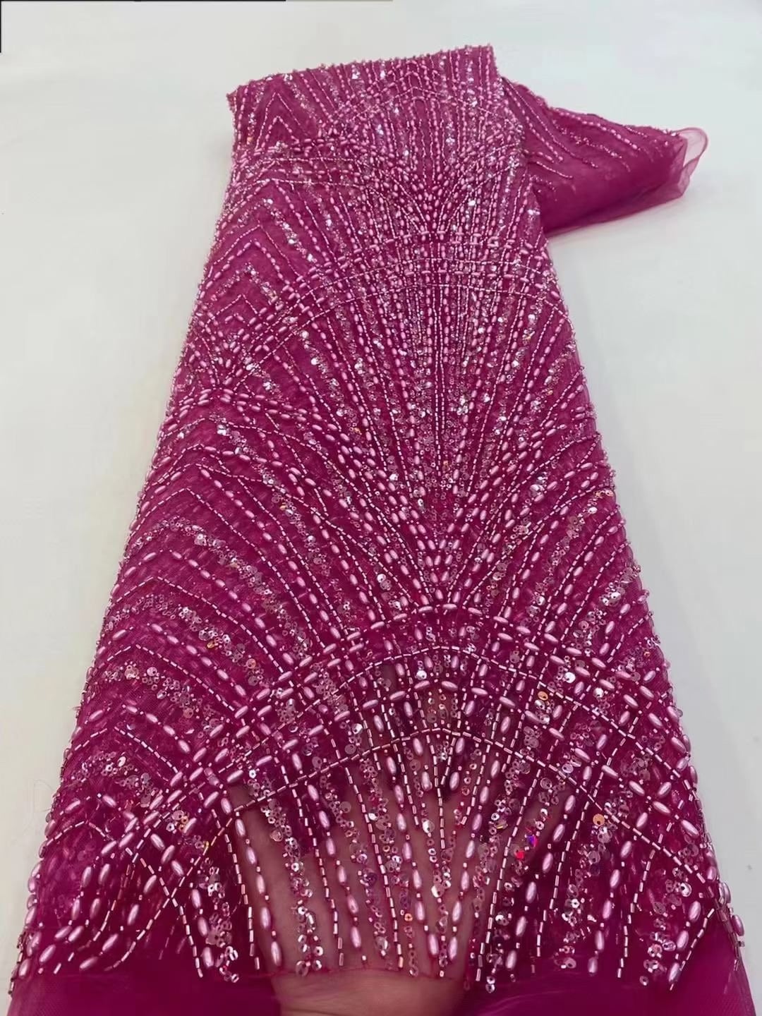 Heavy New Design Beaded Lace Fabric Hot Pink Luxury Beads Lace ...