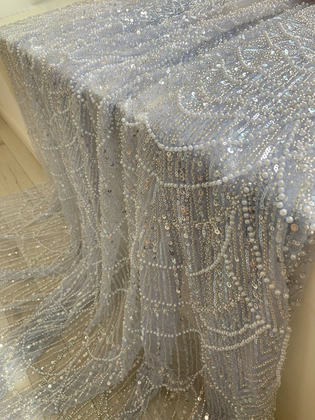 Blue Heavy Bead Tulle Lace Fabric French Sequined Lace Fabric by the ...