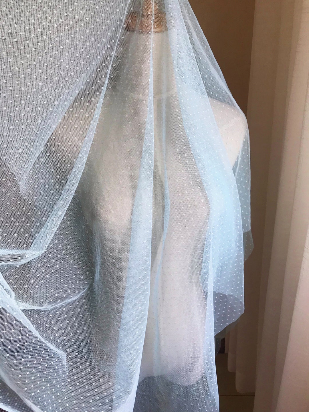 1 Yard Baby Blue Mesh Lace Fabric With Dotted Bridal Veil Lace Wedding ...