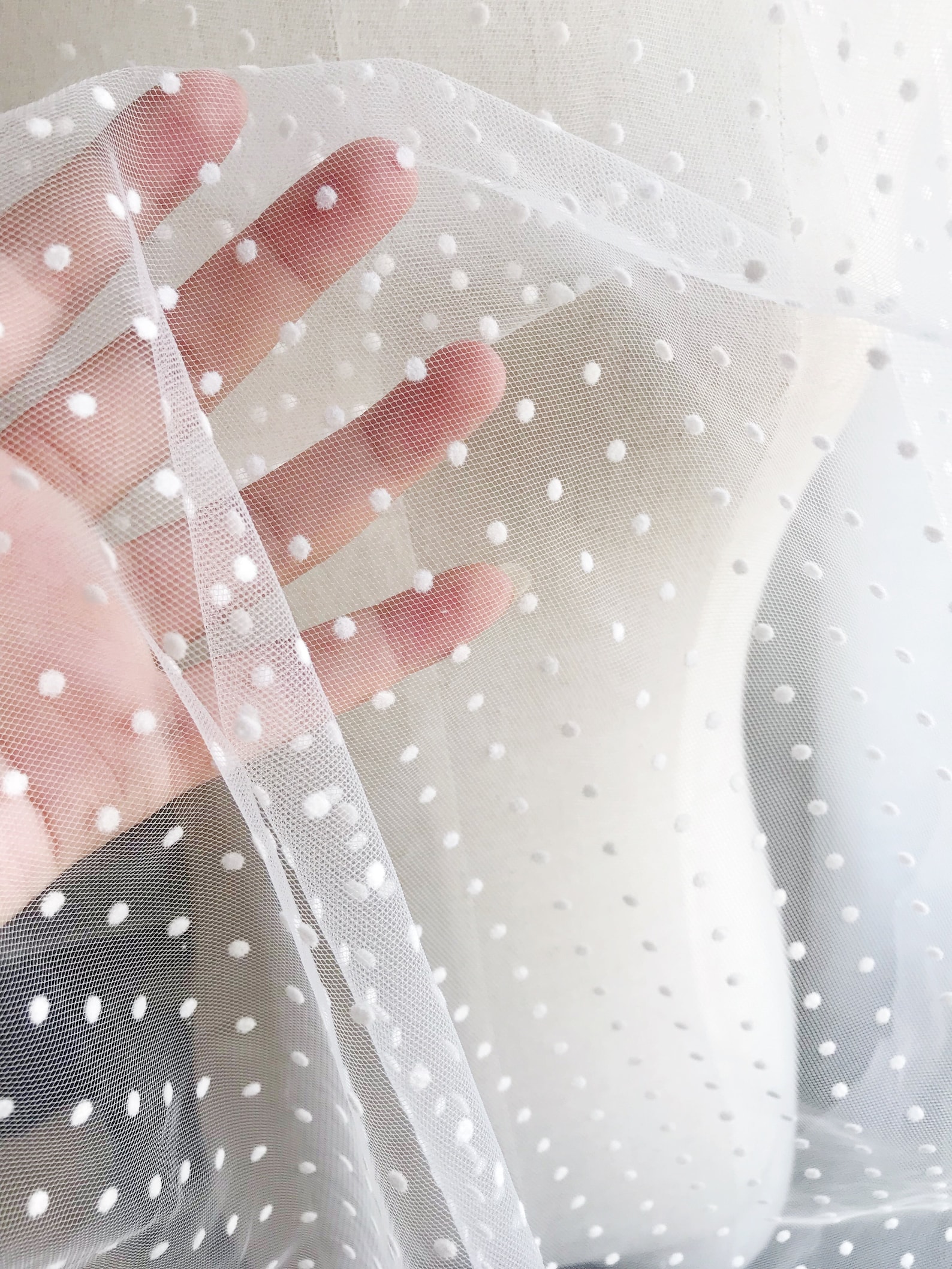 Off White Polka Dot Flocked Mesh Fabric Tulle Mesh Fabric With Flocked ...