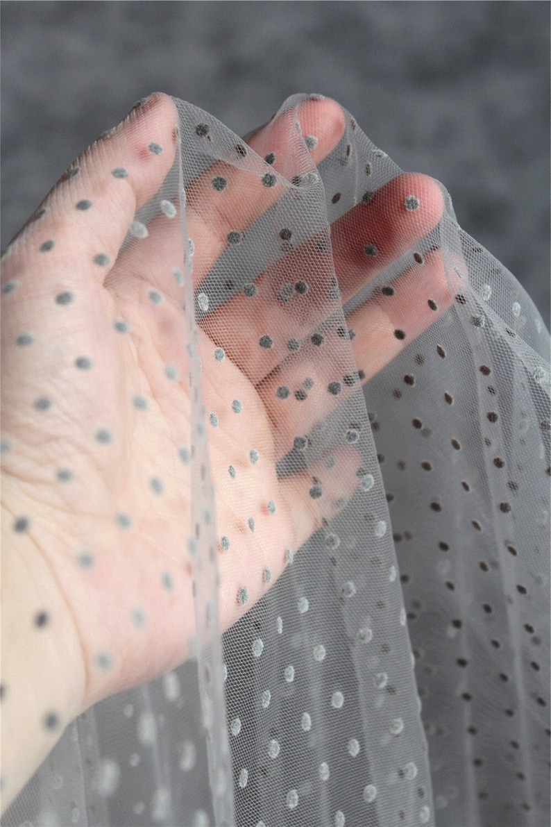 Off White Polka Dot Flocked Mesh Fabric Tulle Mesh Fabric With Flocked ...