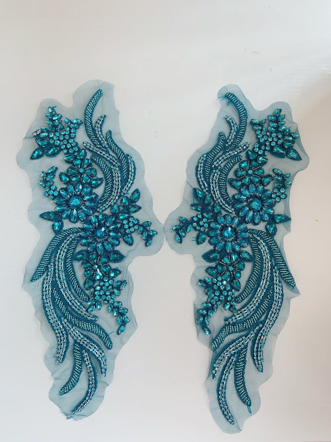 Teal Blue 3D Handmade Rhinestone Beaded Applique for Wedding Dress ...