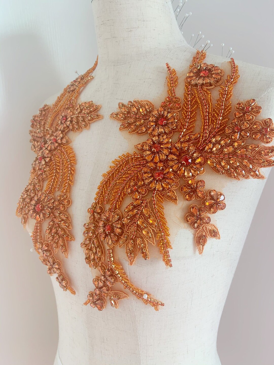 Orange Rhinestone Applique Welding Flower Patch Sew on Wedding Dress ...