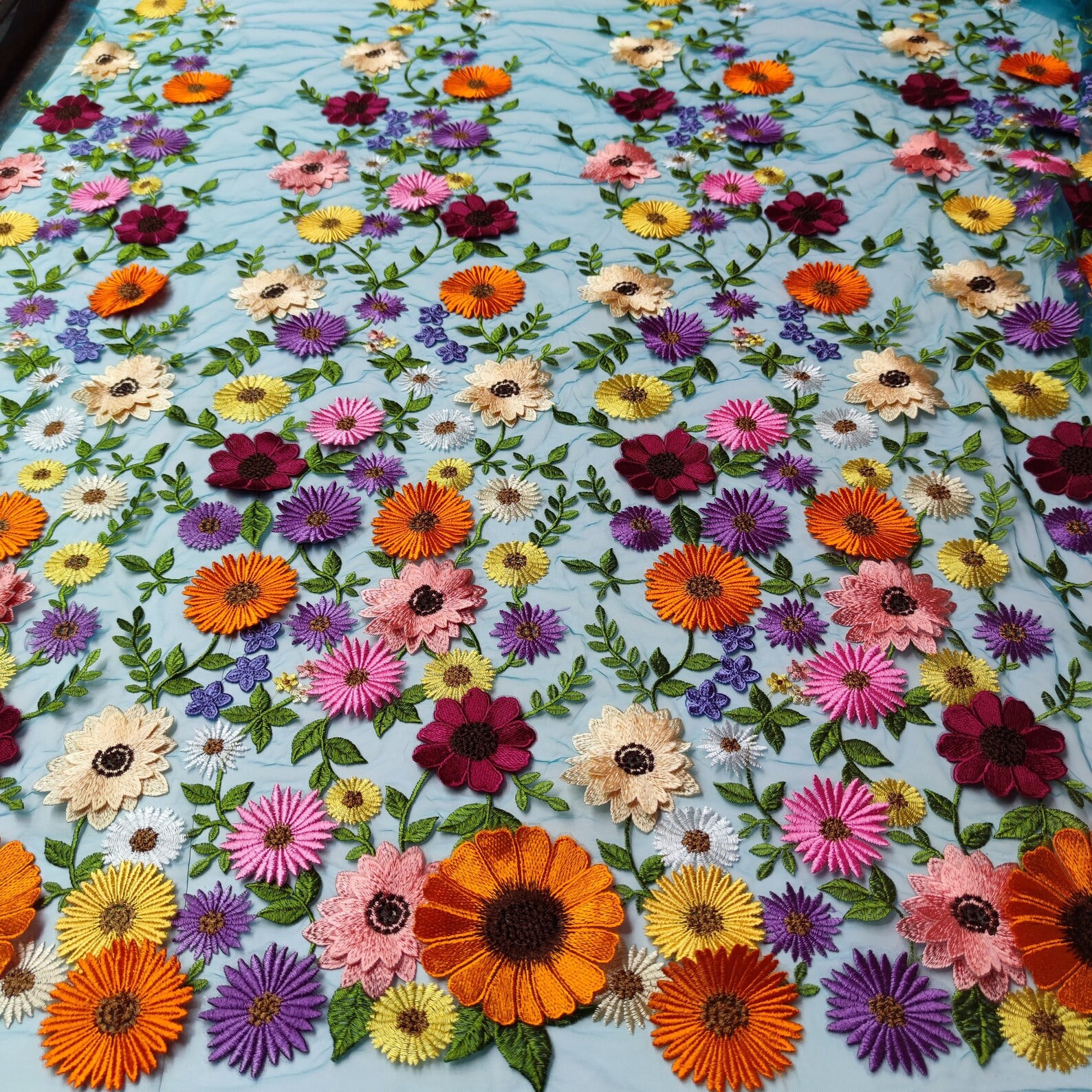 1 Yard Luxury 3D Flowers Appliquéd Lace Fabric, Multicolored Floral ...