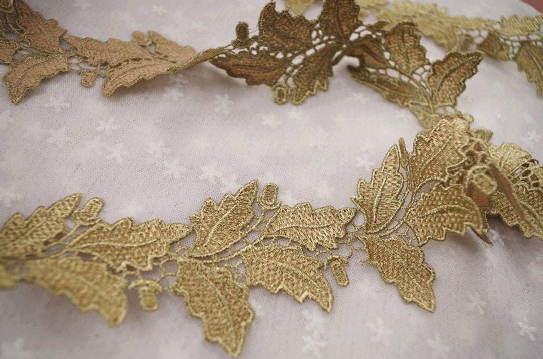 5 Yards Gold Lace Trim Gold Metallic Venice Lace Leaf Design and ...