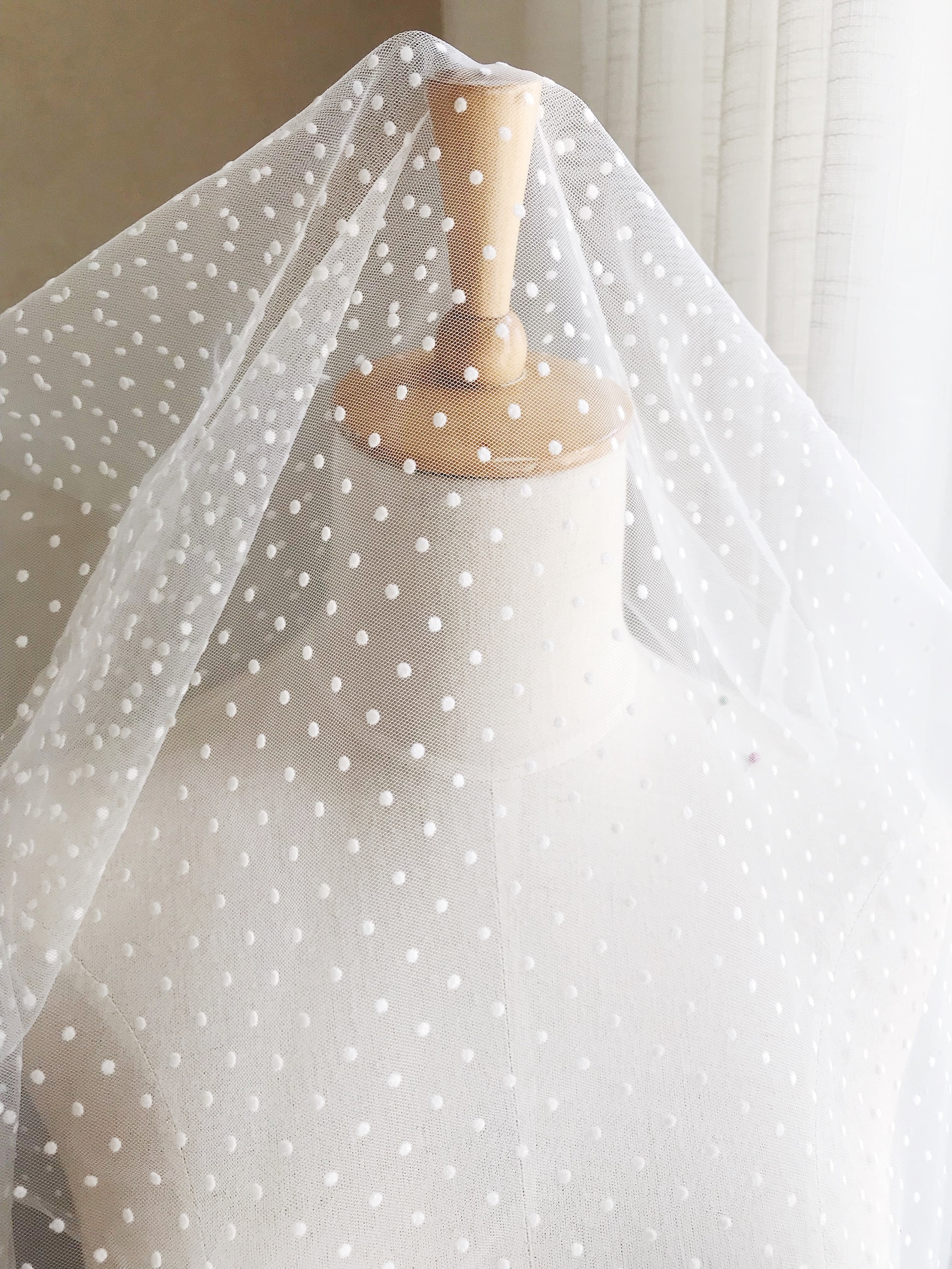 Off White Polka Dot Flocked Mesh Fabric Tulle Mesh Fabric With Flocked ...