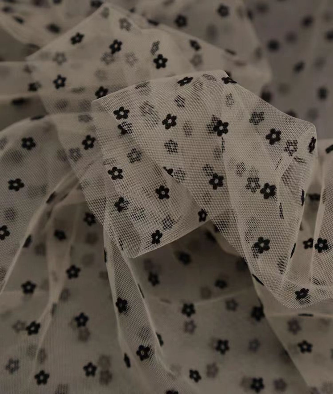 Black Floral Flocked Mesh Fabric Tulle Mesh Fabric With Flocked Flower ...