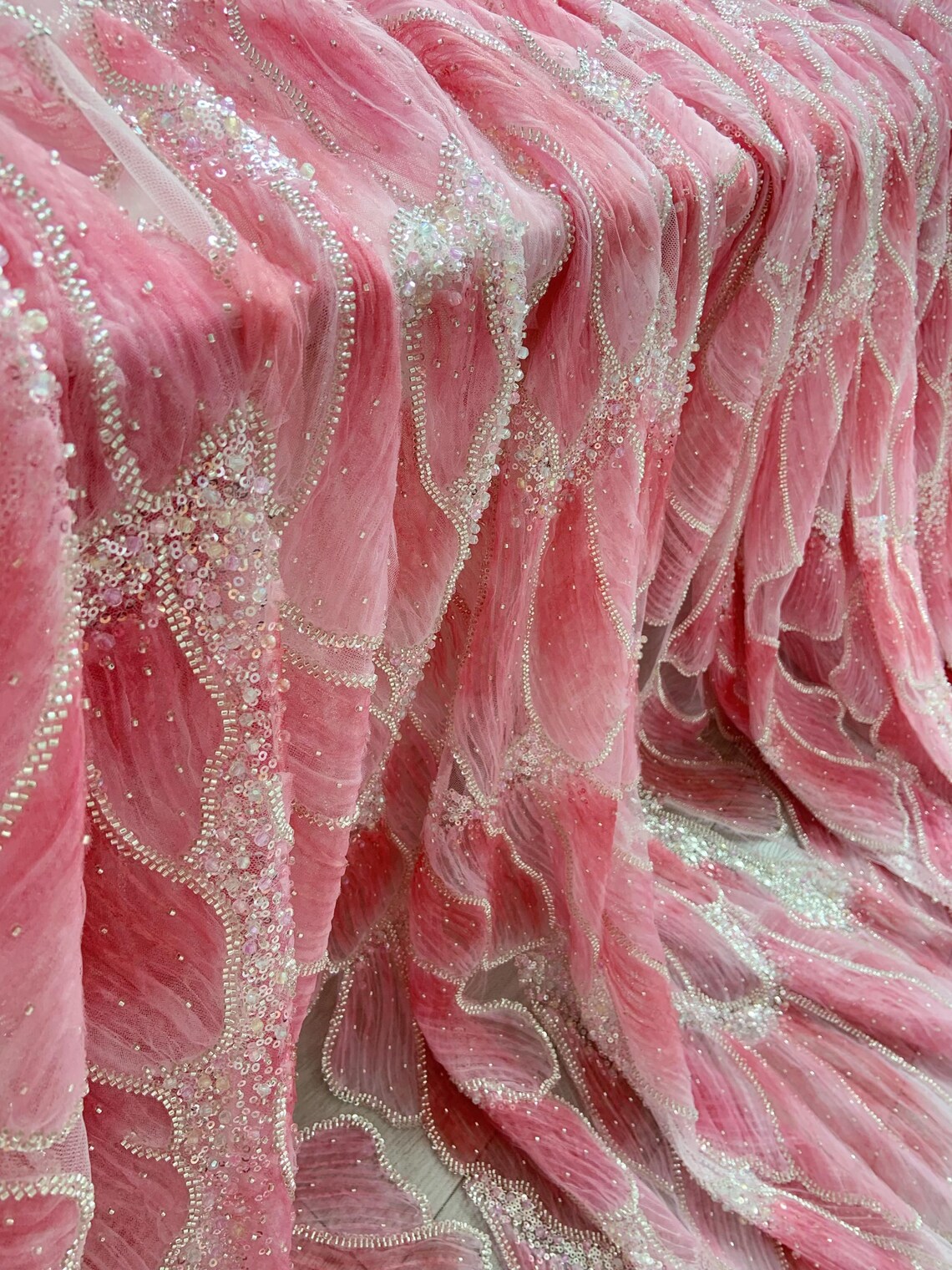 1 Yard Pink Clothing Lace Beaded Embroidery Branch Strips Fabric ...