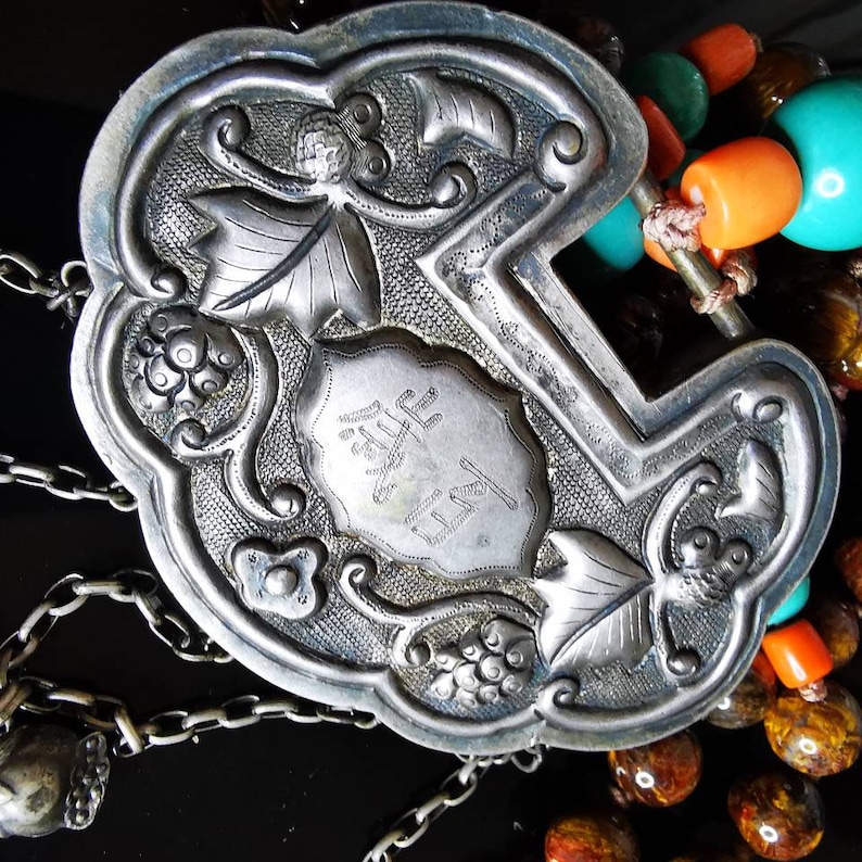 Antique Chinese Ruyi Lock Silver Engraved Necklace Coral Turquoise Tree ...