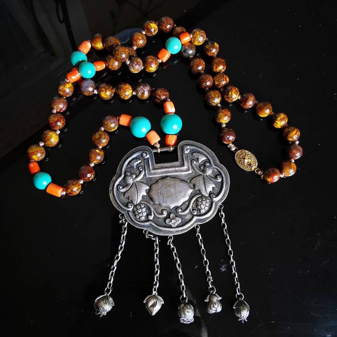 Antique Chinese Ruyi Lock Silver Engraved Necklace Coral Turquoise Tree ...
