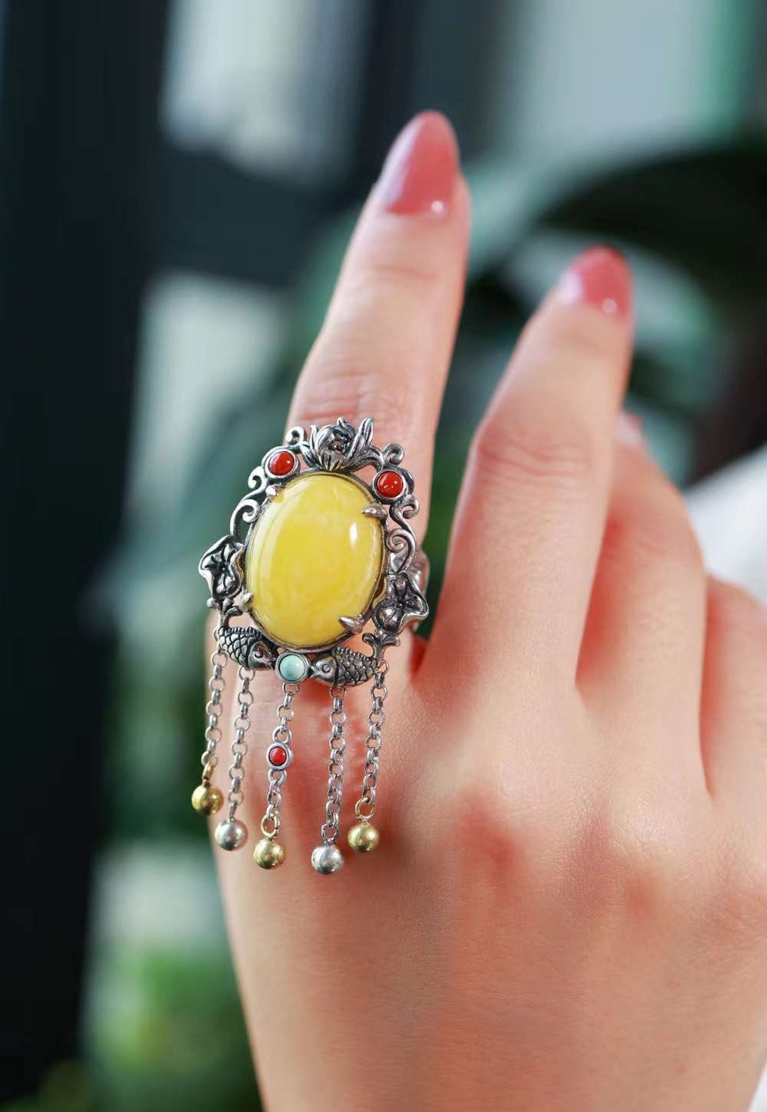 Vintage Natural Baltic Amber Tassel Ring, Gift for Her, Sterling Silver ...