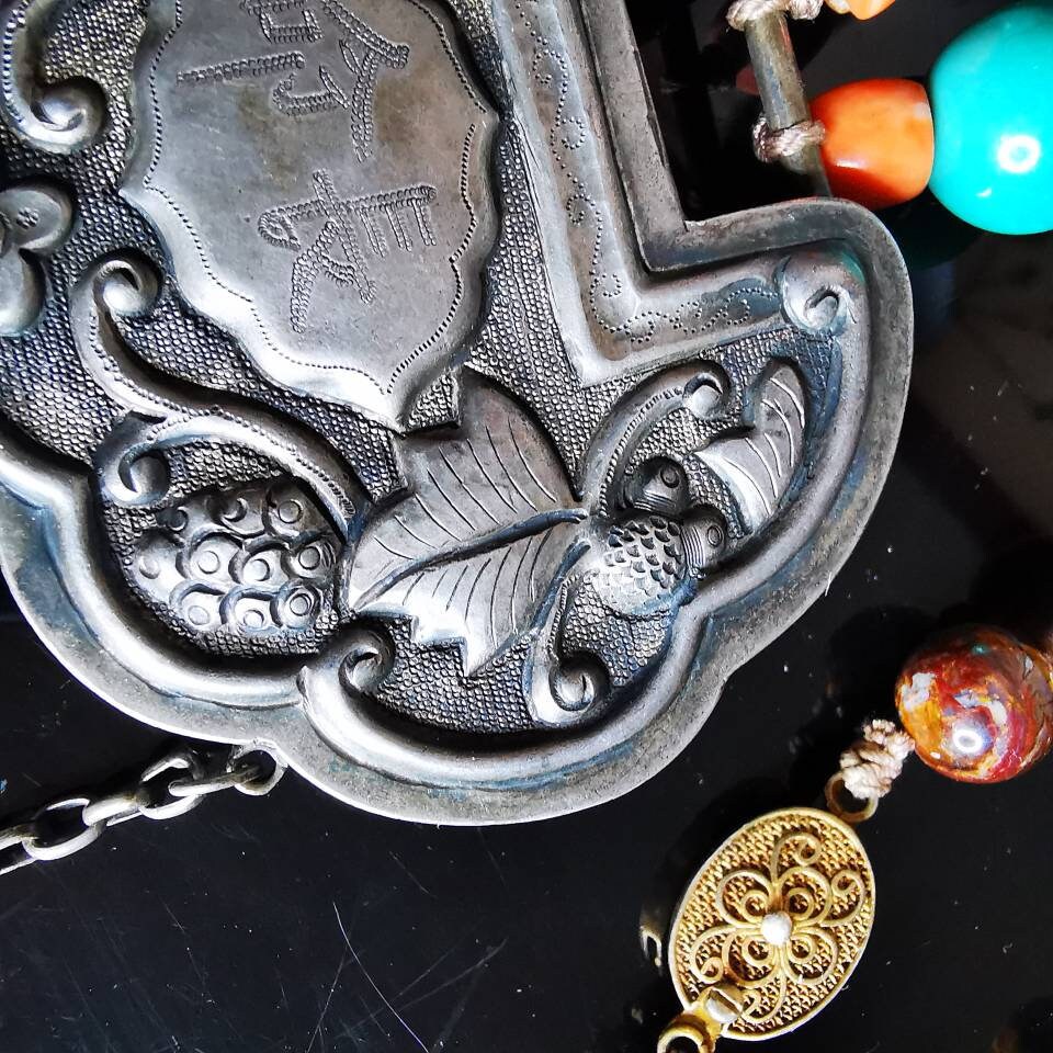 Antique Chinese Ruyi Lock Silver Engraved Necklace Coral Turquoise Tree ...