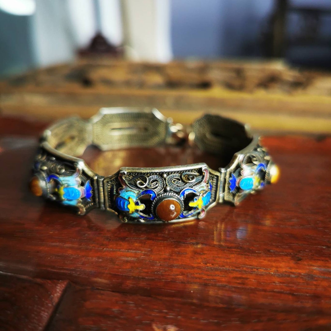 Fine Chinese Filigree Gilt Silver Enamel & Tigers Eye Stone Bangle ...