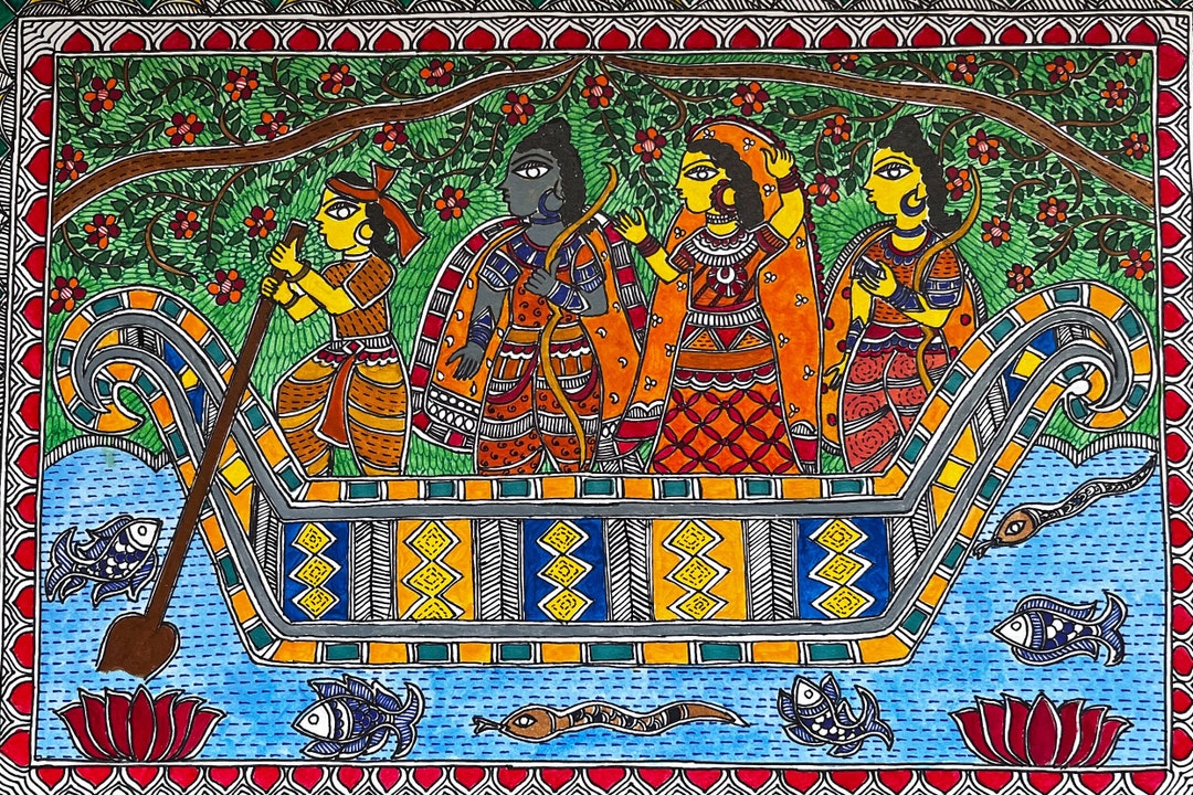 Madhubani Ram Sita and Kewat in Acrylics on A3 - Etsy