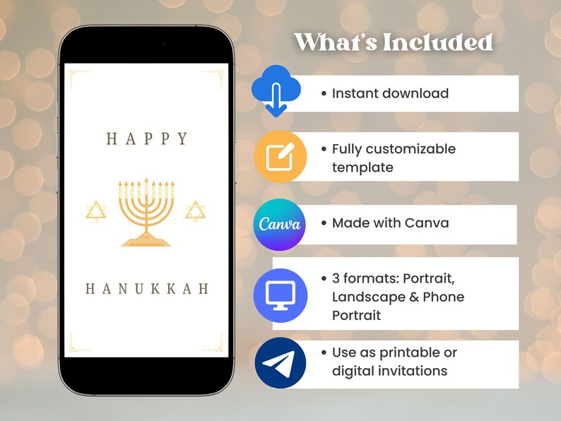 Happy Hanukkah Card Template, Digital and Printable Hanukkah Invitation ...