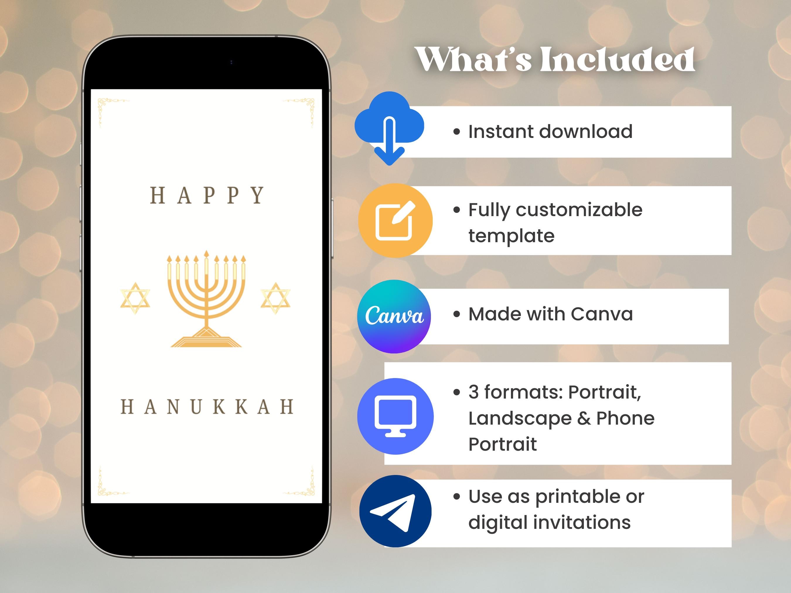 Happy Hanukkah Card Template, Digital and Printable Hanukkah Invitation ...