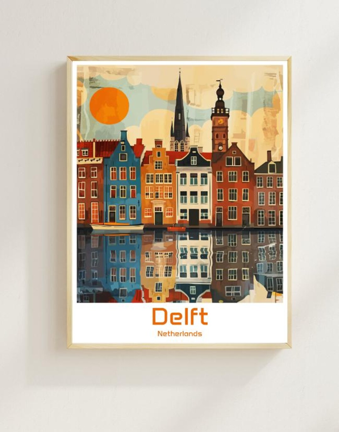Delft Travel Poster Scenic Netherlands City Wall Art, Iconic Canal and ...