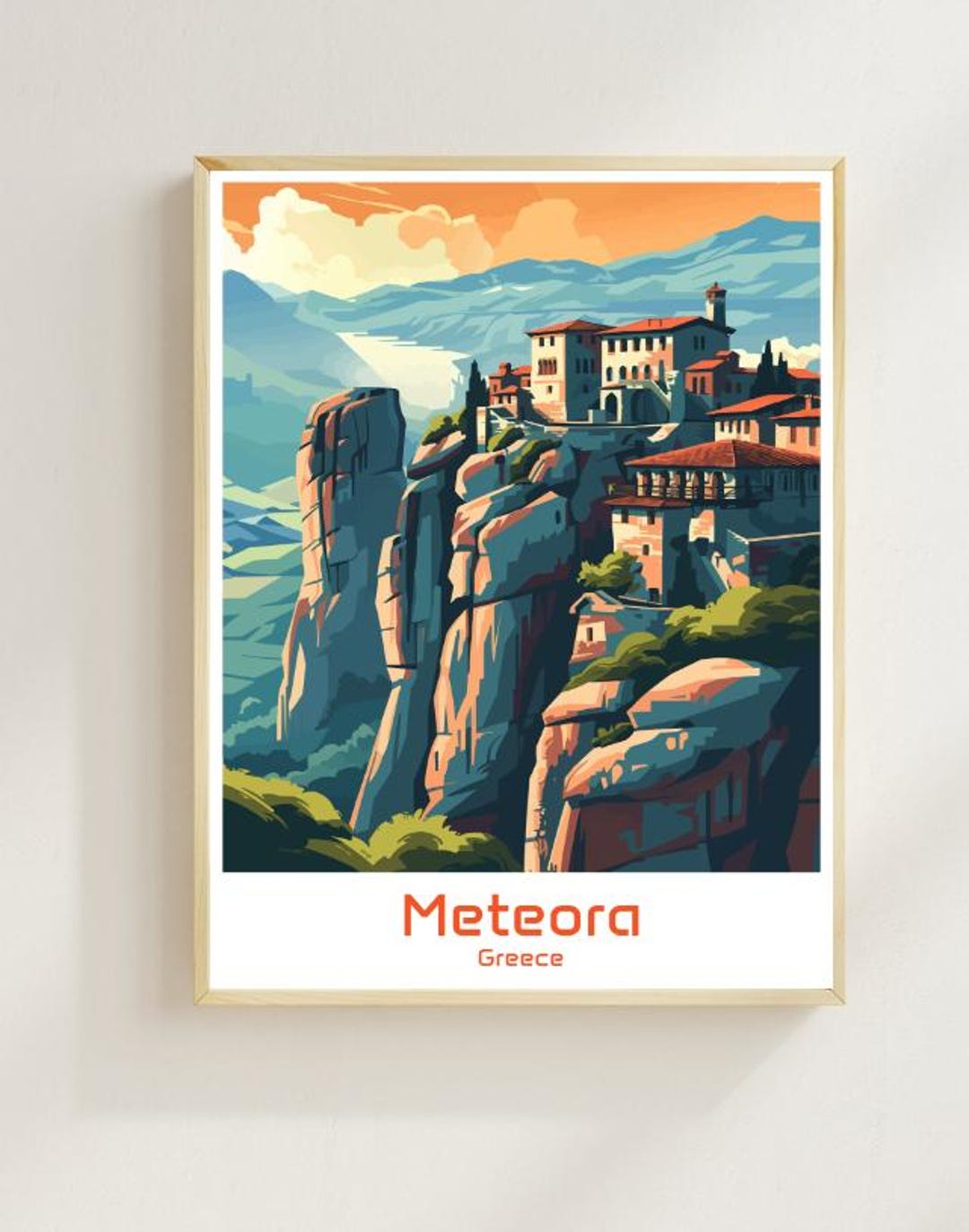 Meteora Greece Travel Poster Monastery Landscape Wall Art, Scenic ...