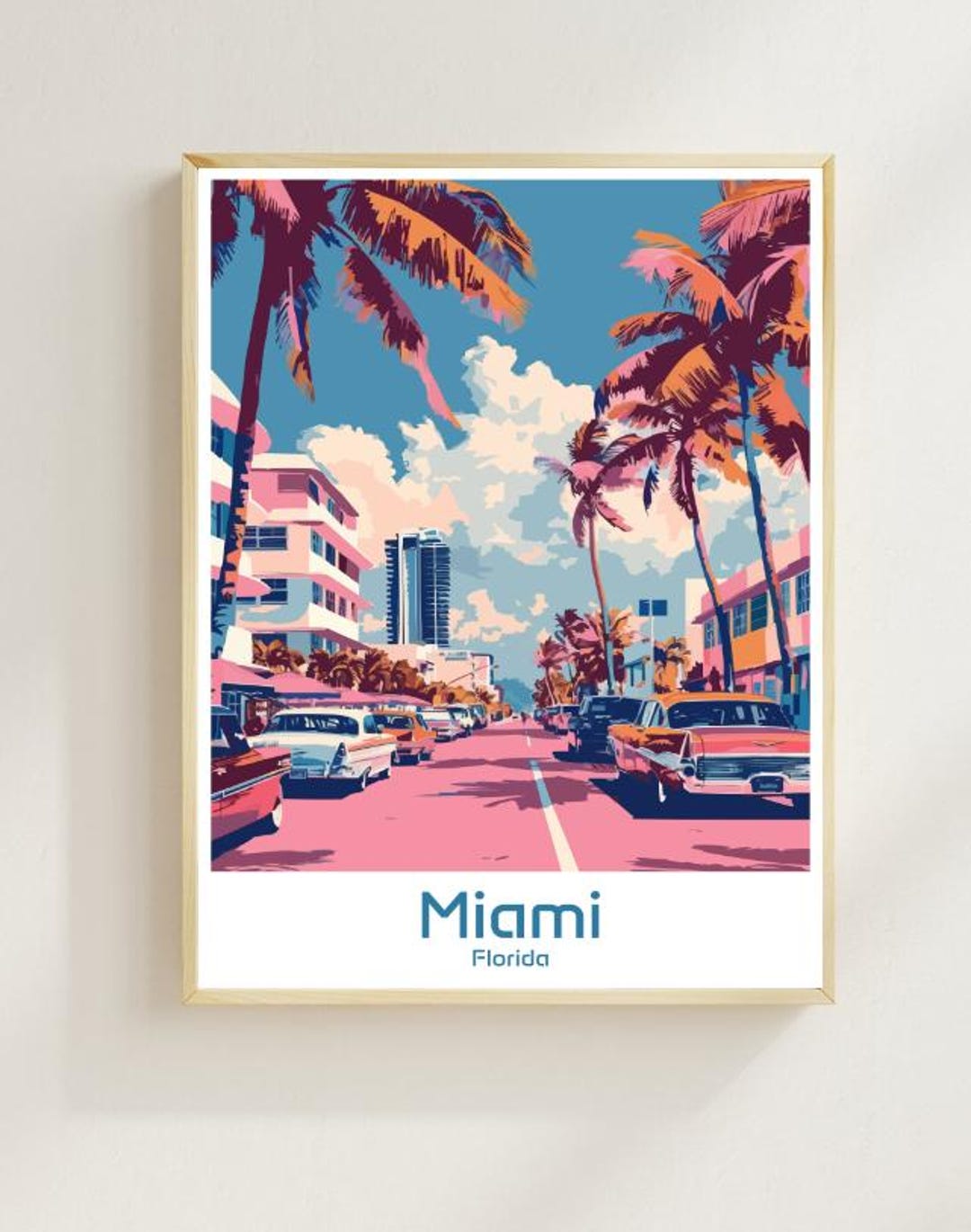Miami City Retro Travel Poster Vintage Florida Wall Art, Retro Skyline ...