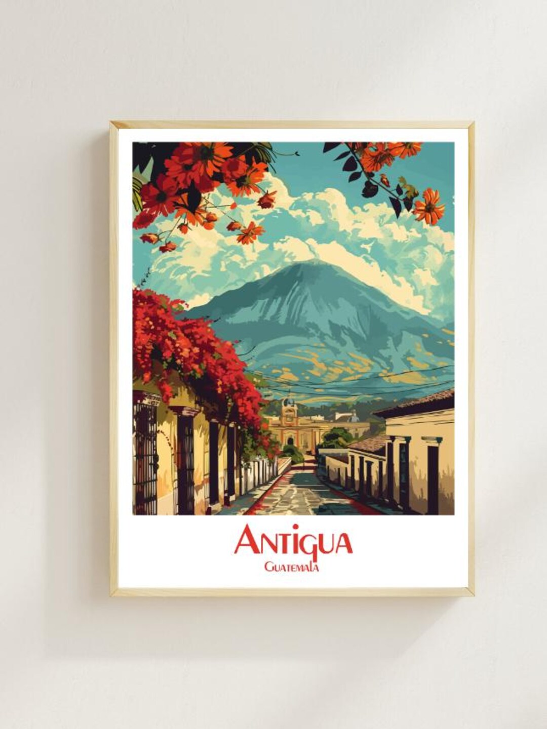 Antigua Guatemala Travel Poster Historic Cityscape Wall Art, Colonial ...