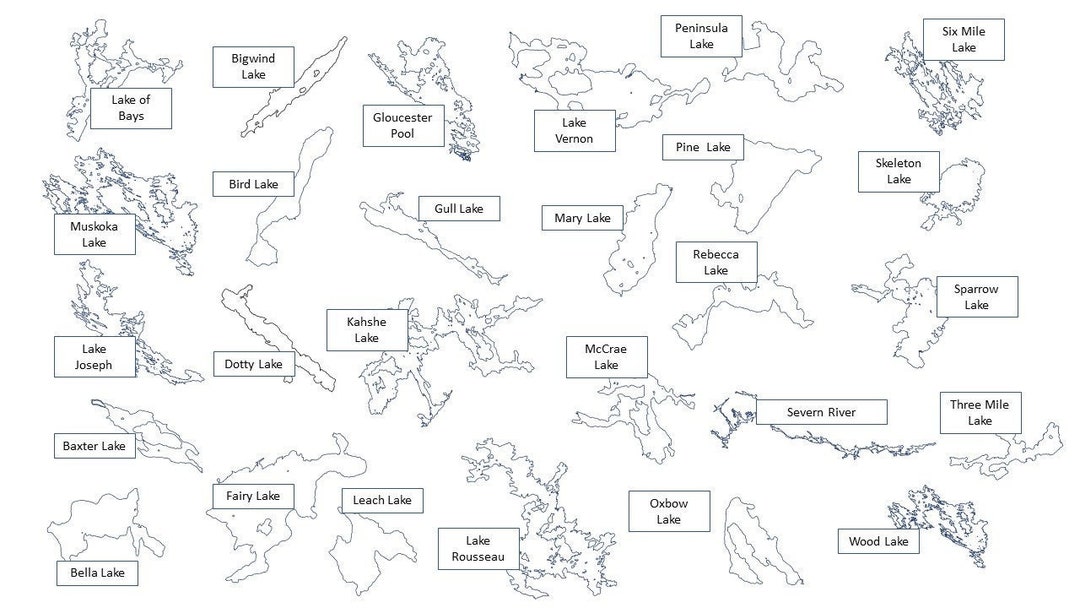 27 Individual Muskoka District Lake Maps Silhouette Outline Border ...