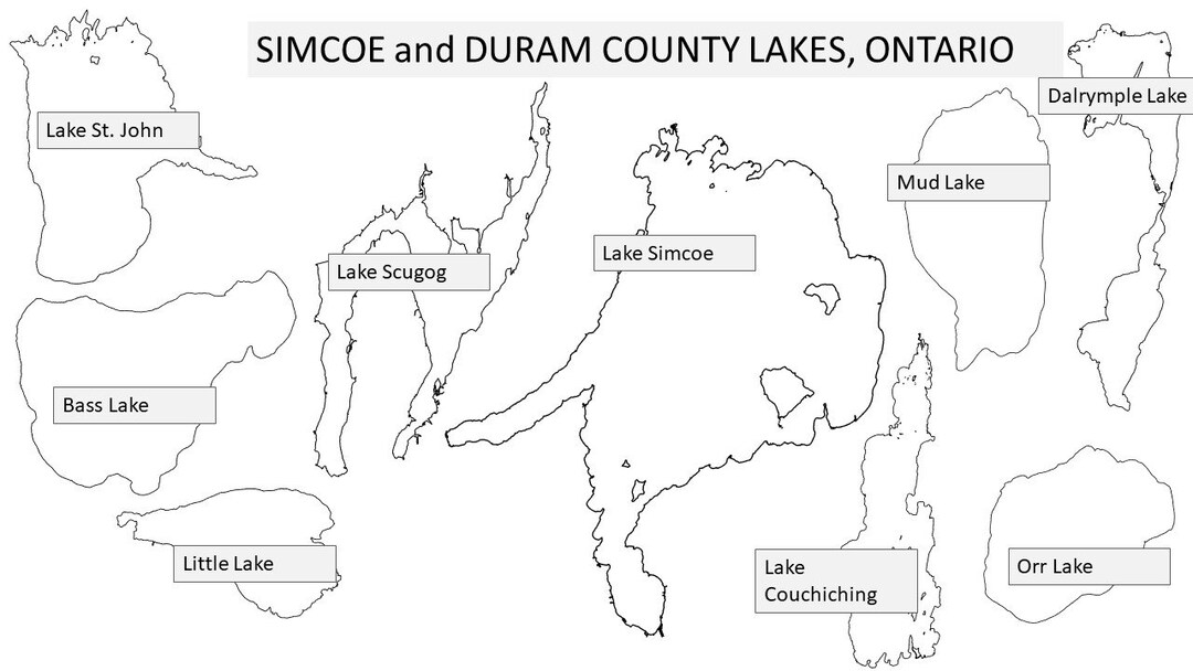 9 Individual Simcoe and Duram County Ontario Lake Maps Silhouette ...