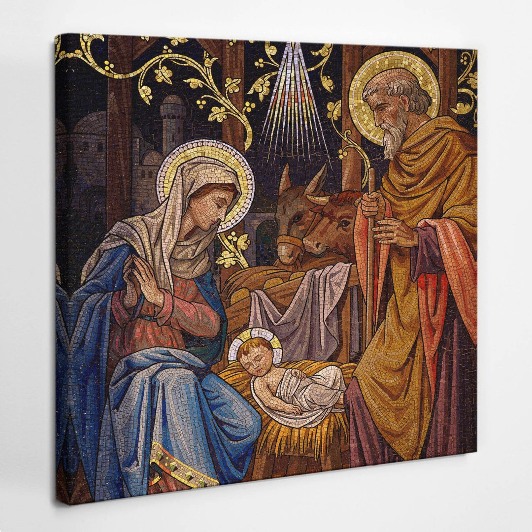 Holy Family Stable Christian Wall Art, Brown Religious Canvas Art ...