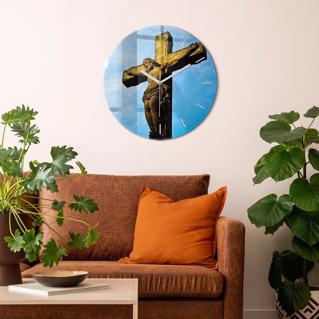 Jesus Crucified Tempered Glass Clock, Blue Print Clock, Hanging Clock ...