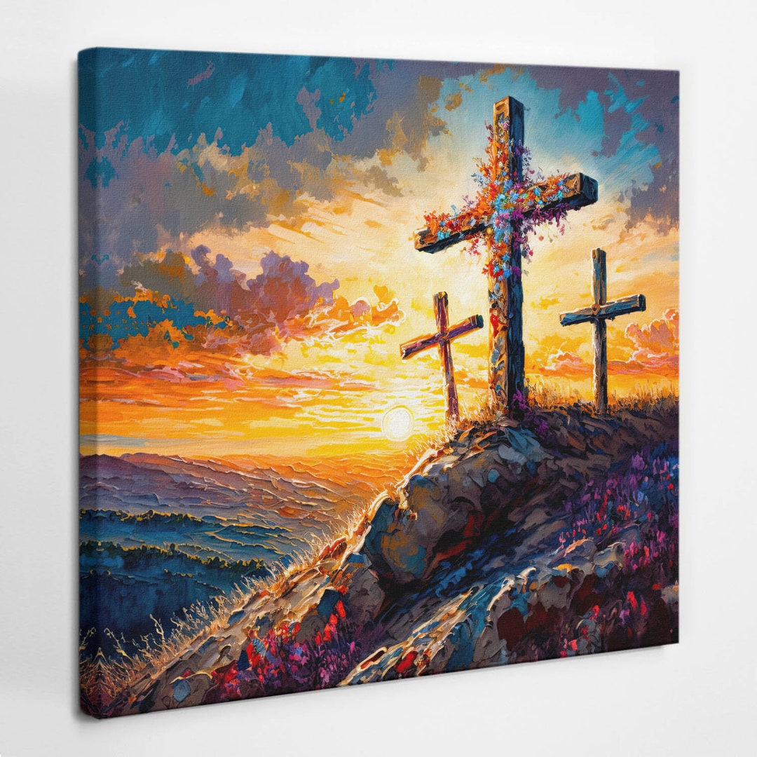Crosses on the Hill Christian Wall Decoration, Navy Christian Canvas ...
