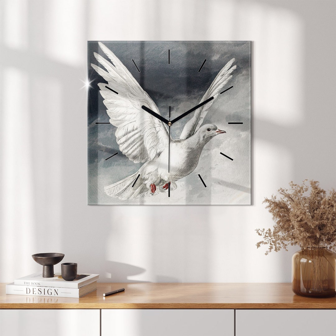 White Dove Holy Spirit Tempered Glass Clock, Gray Print Clock, Hanging ...