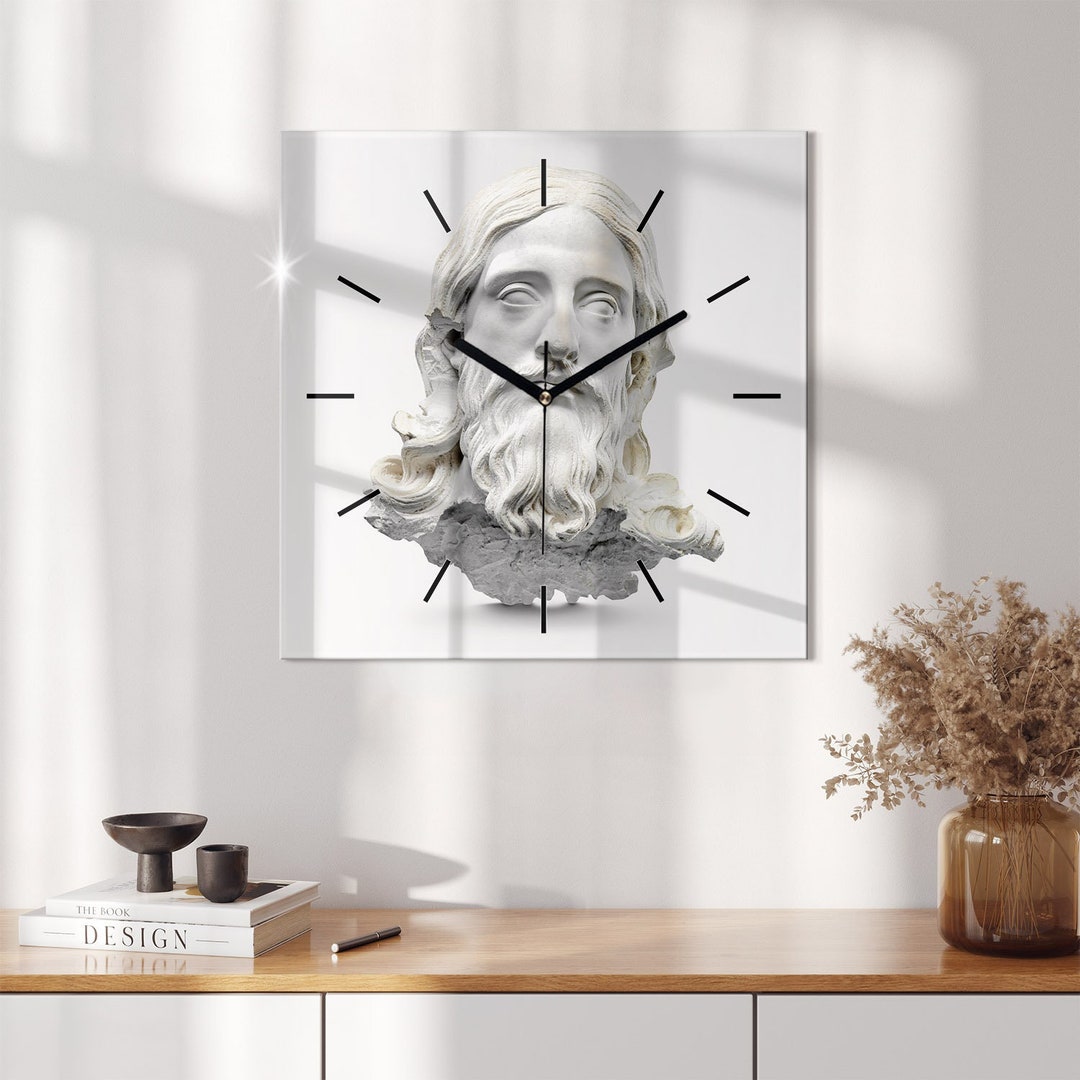 Jesus Christ Sculpture Print Clock, White Tempered Glass Clock, Wall ...