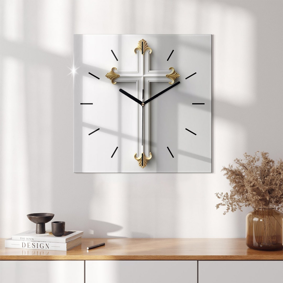 Elegant Cross Tempered Glass Clock, White Print Clock, Hanging Clock ...